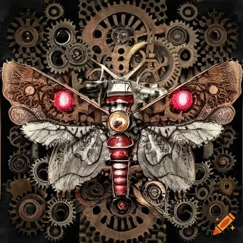 Steampunk silver moth with gears and ruby red eyes and six mechanical wings