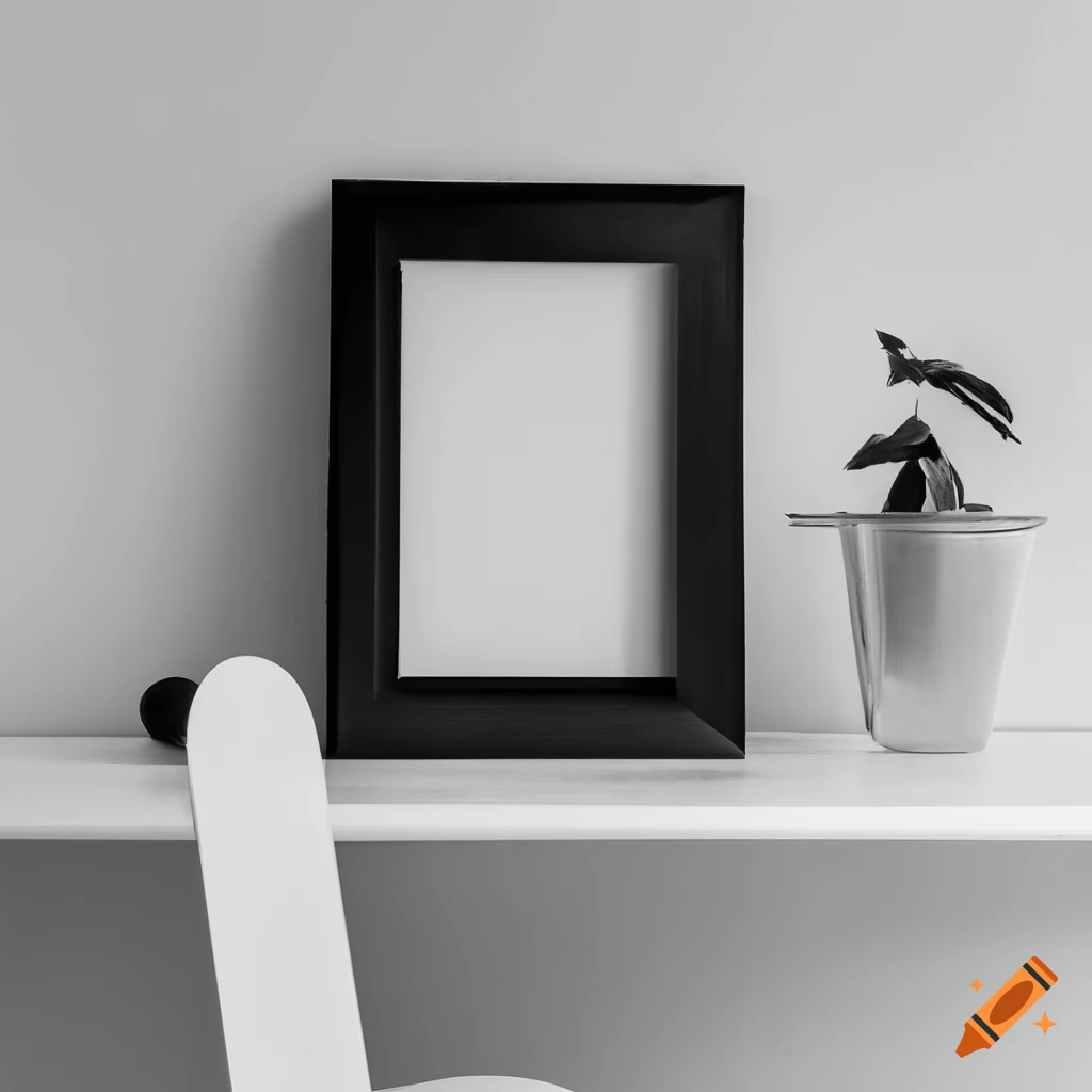 A minimalist workspace with an a4 picture frame leaning against a white ...