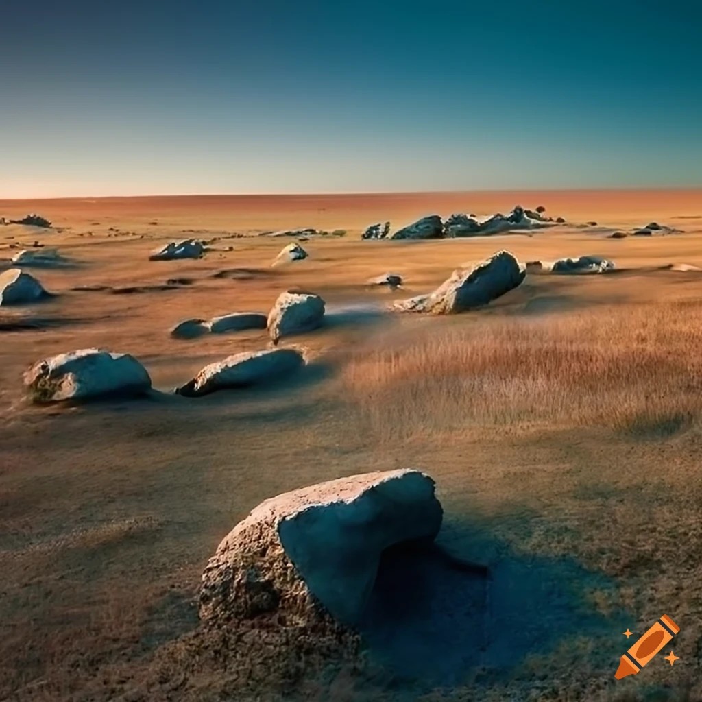 Cold dry grassland steppe, weathered limestone megalith standing over ...