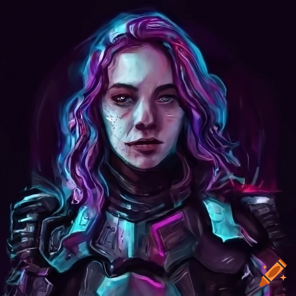 A person in sci-fi armor, portrait, with wavy long hair, glowing lines ...