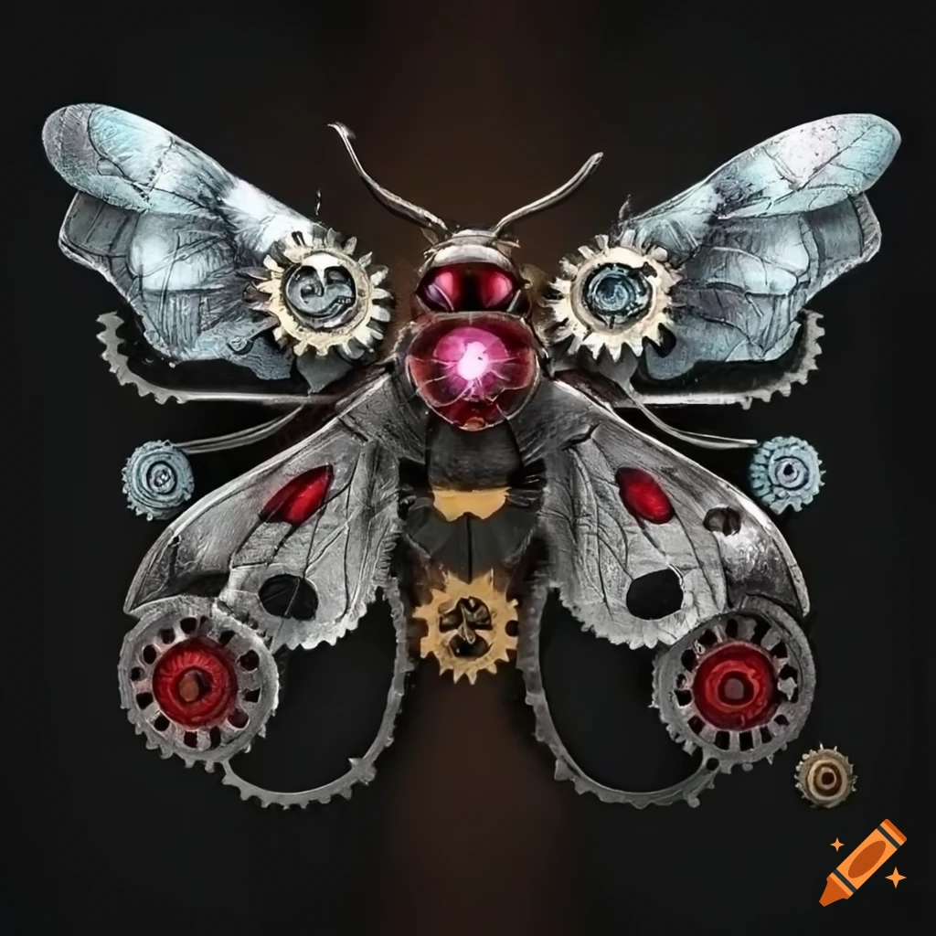 Steampunk silver moth with gears and ruby red eyes and six mechanical wings