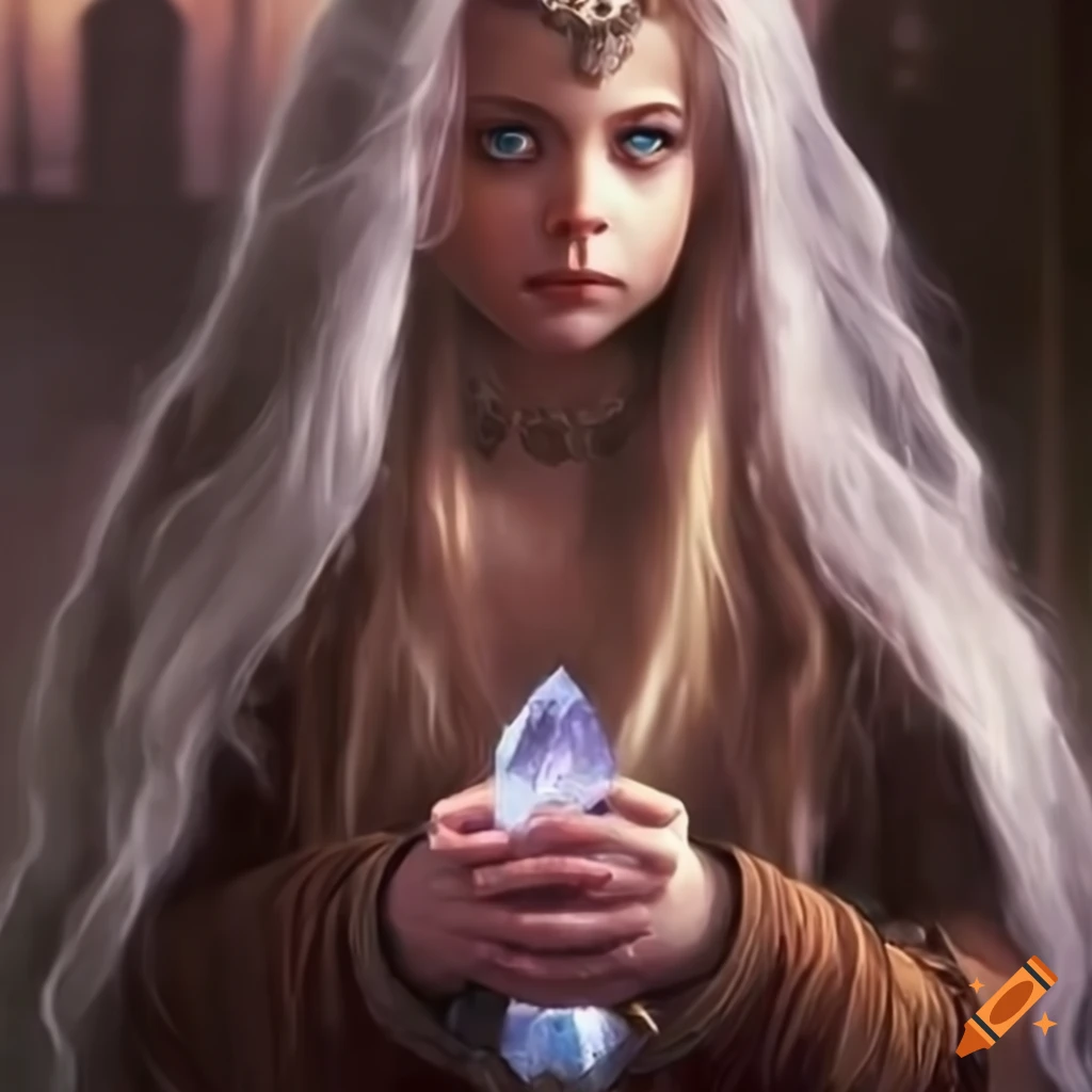 Medieval girl, fantasy, holding crystal, labyrinth, fantasy film 80s