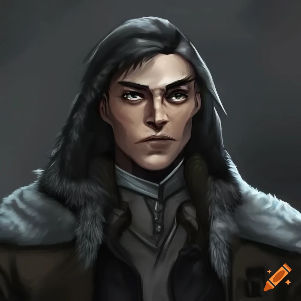 Male dhampir in black fur winter cloak dnd character portrait ranger