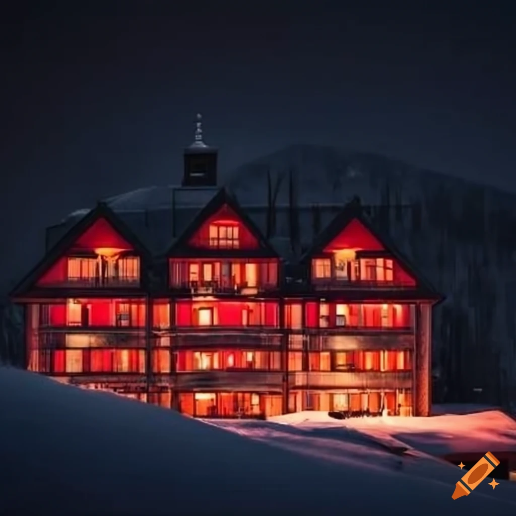 Black and red hotel in snowy mountains on Craiyon