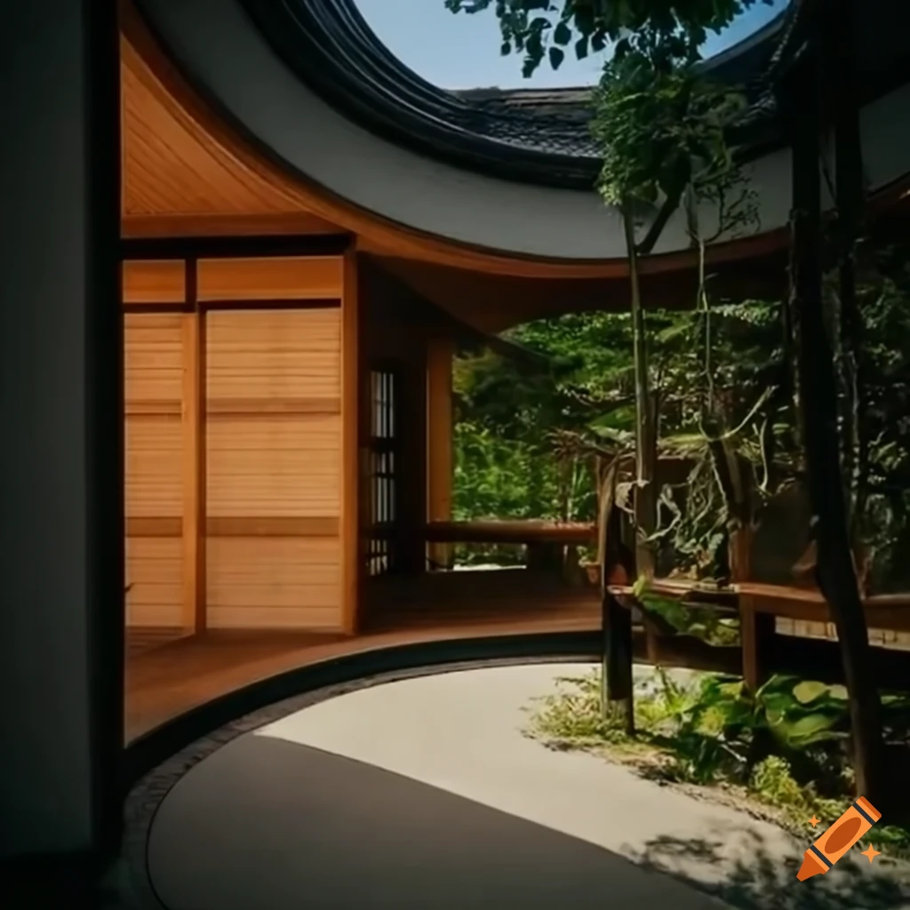 A beautiful small house surrounded by a circular courtyard, minimalist ...