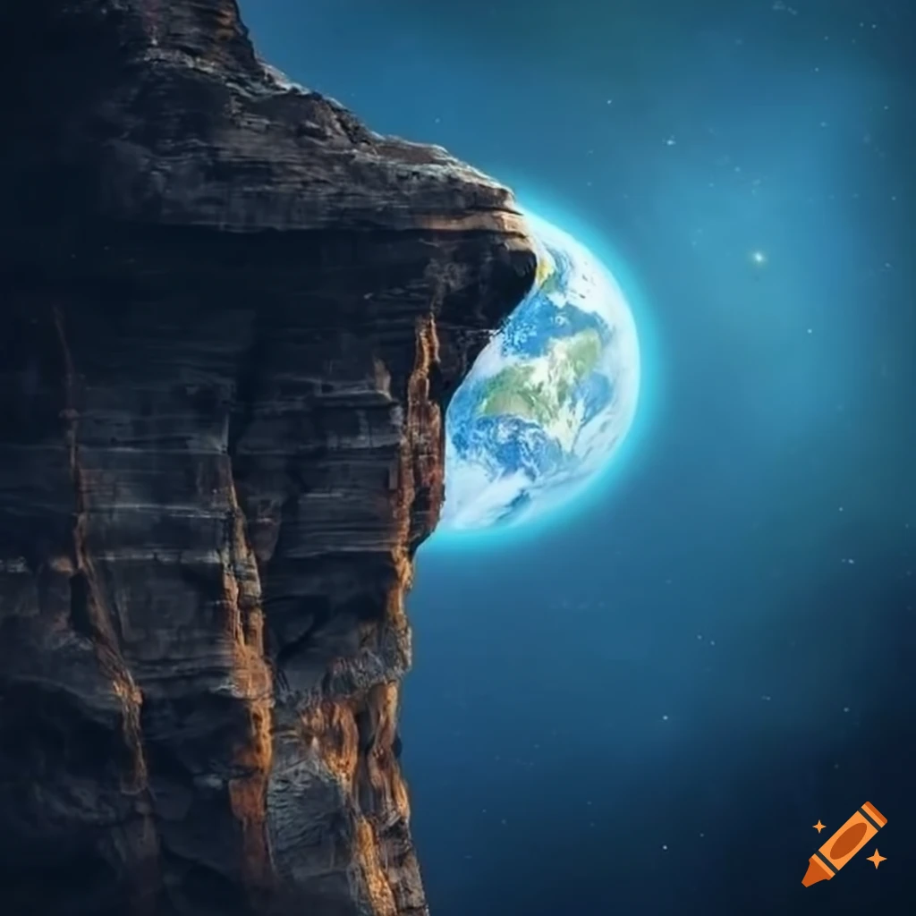 A cliff in space hanging over the void with earth in the background on ...