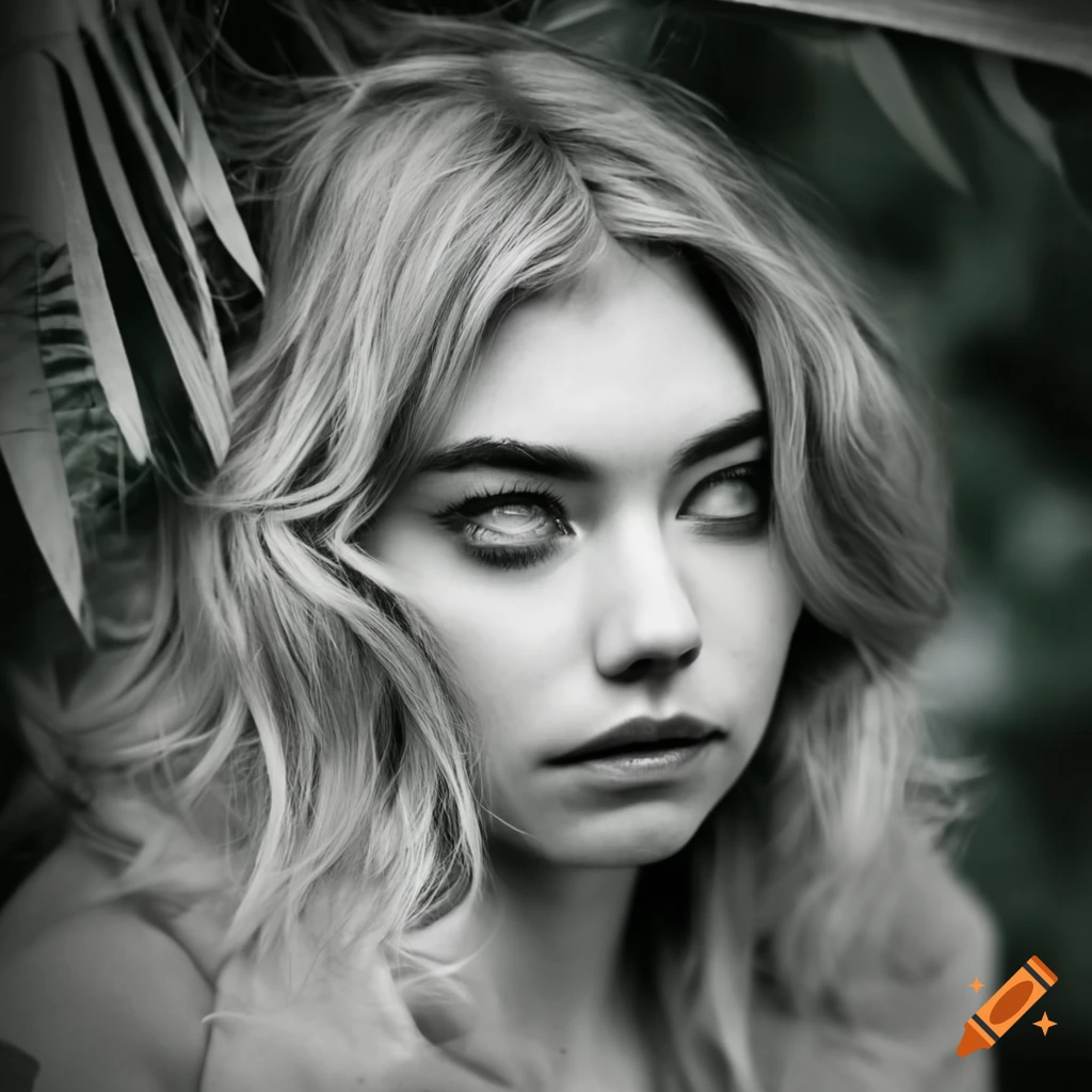 Dramatic portrait in b/w of imogen poots surrounded by nature