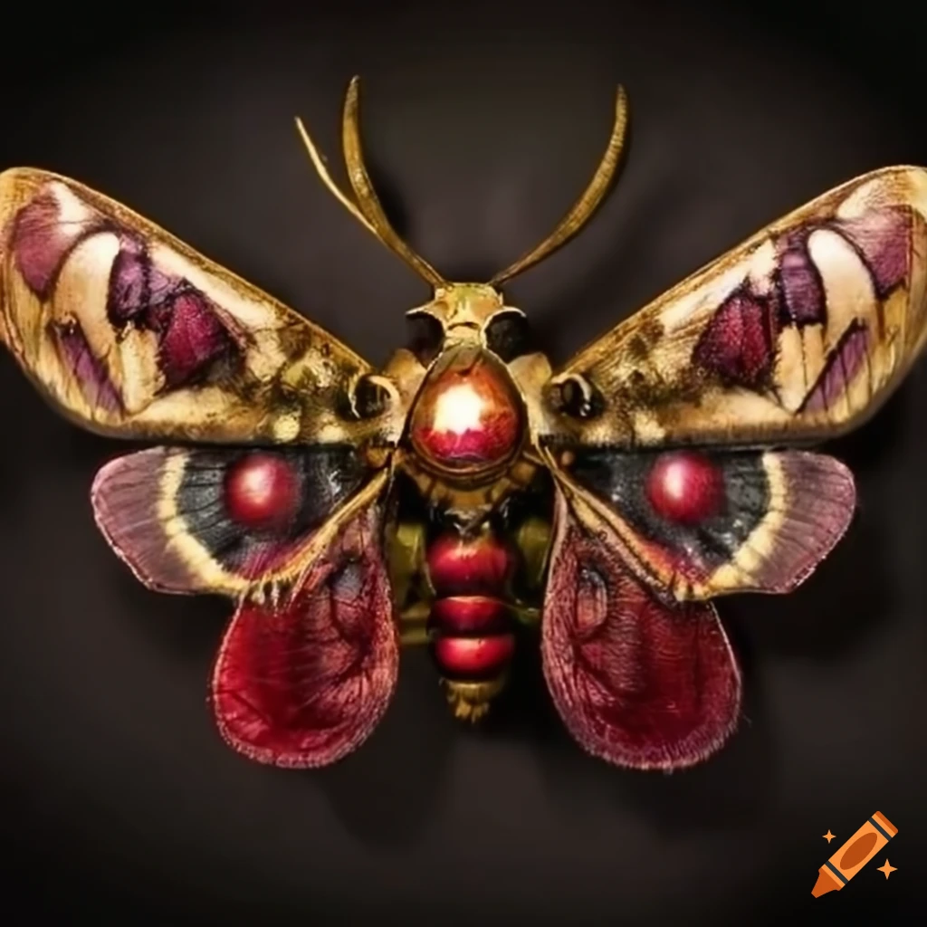 Steampunk metallic moth with six wings and bright red eyes
