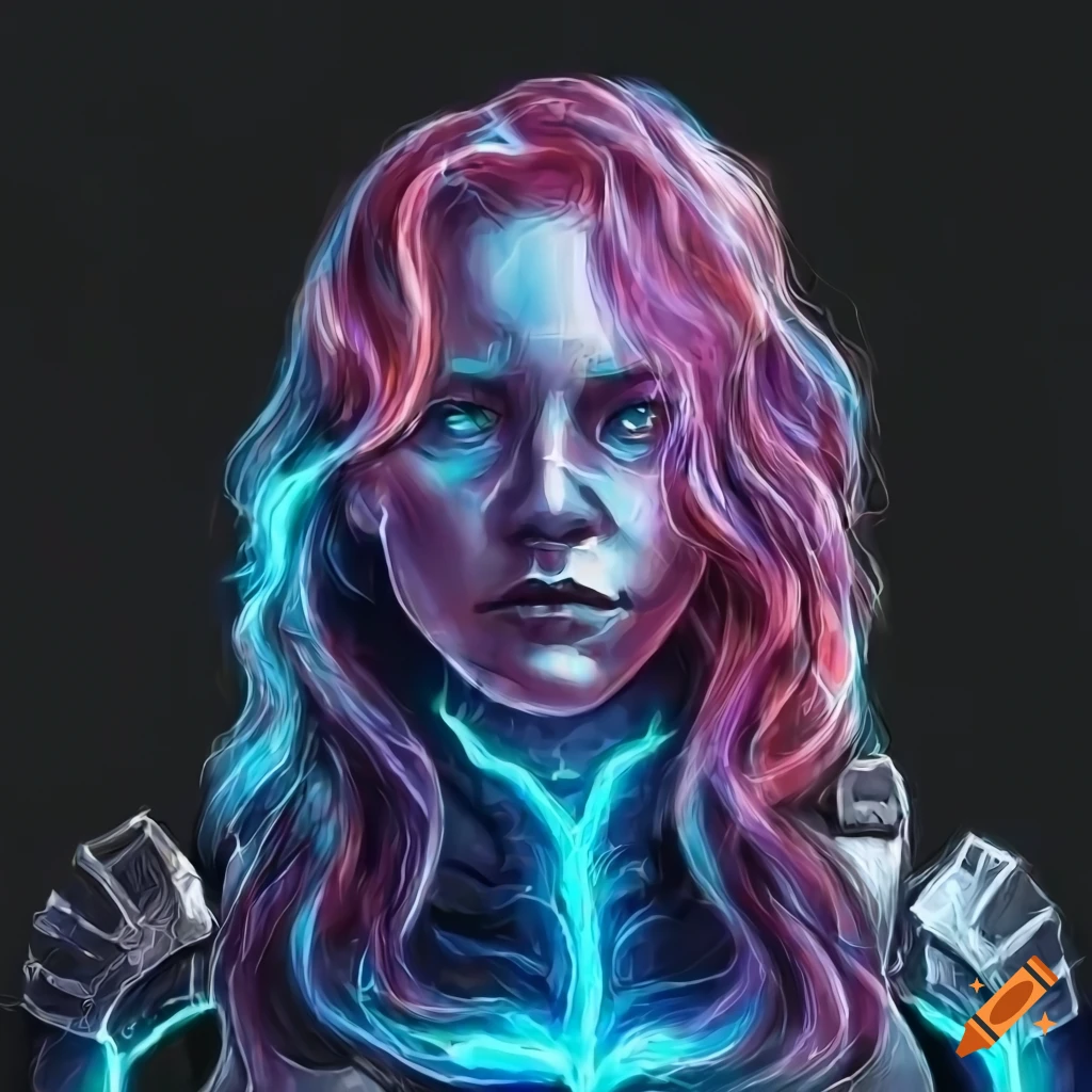 A person in sci-fi armor, portrait, with wavy long hair, glowing lines ...