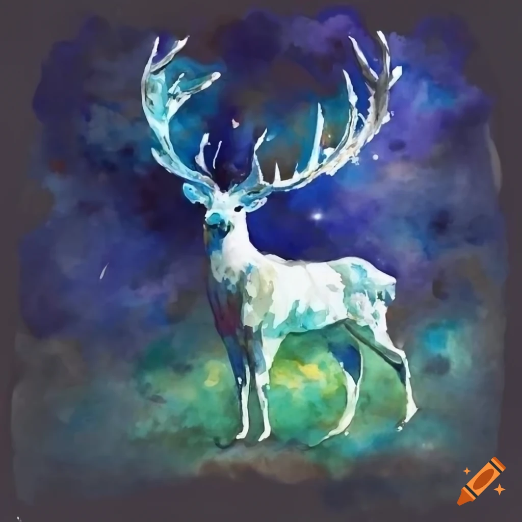 A watercolor mythical white stag against starry night