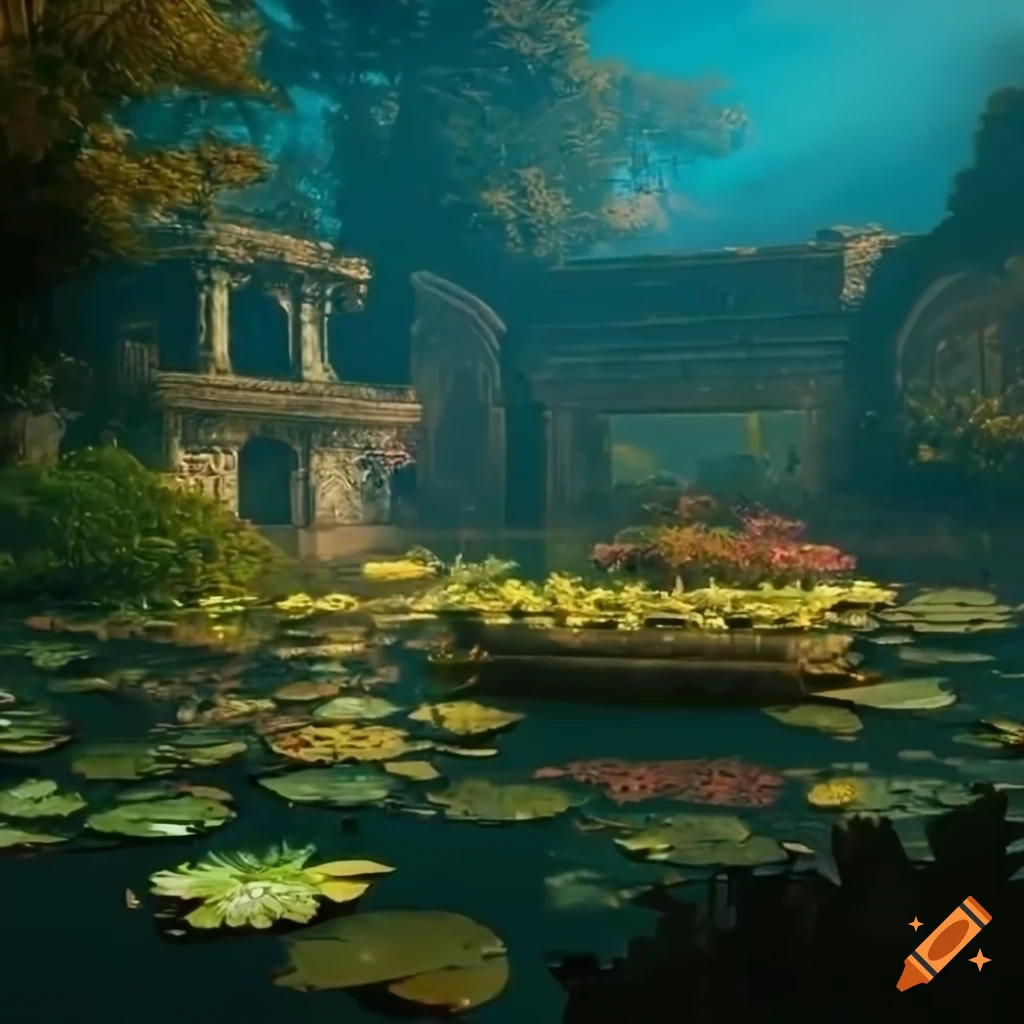 A geometric garden, pond ::5 water lilies, trees, cherry blossom, ruins ...