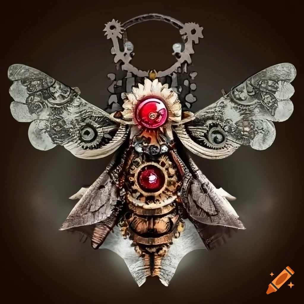 Steampunk silver moth with gears and ruby red eyes and six mechanical wings