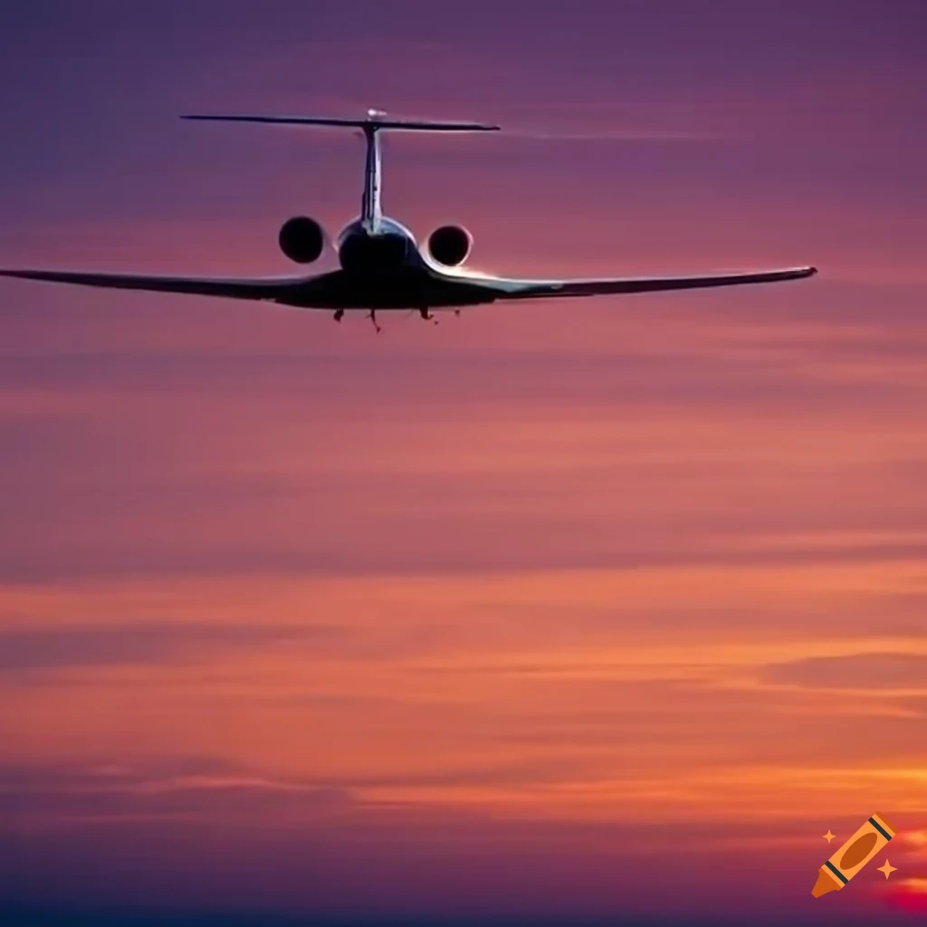 Private jet flying against the orange sunset sky on Craiyon