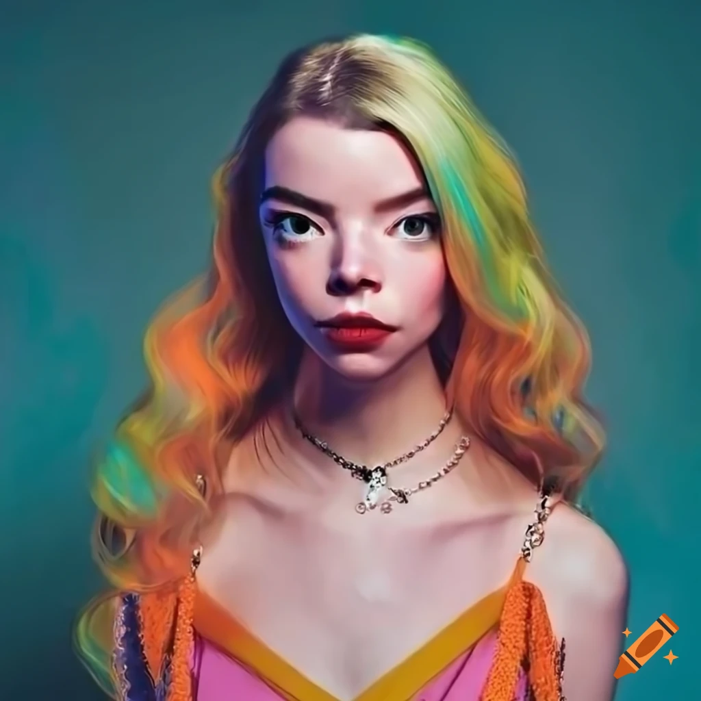 Portrait of anya taylor-joy in a vibrantly colorful style