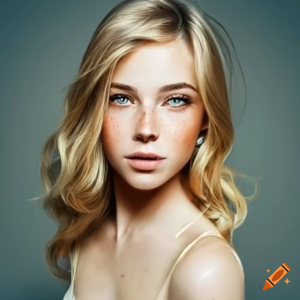 Beautiful young woman shoulder-length blonde hair very light freckles
