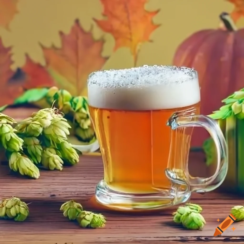 Autumn beer with hops and pumpkin decoration