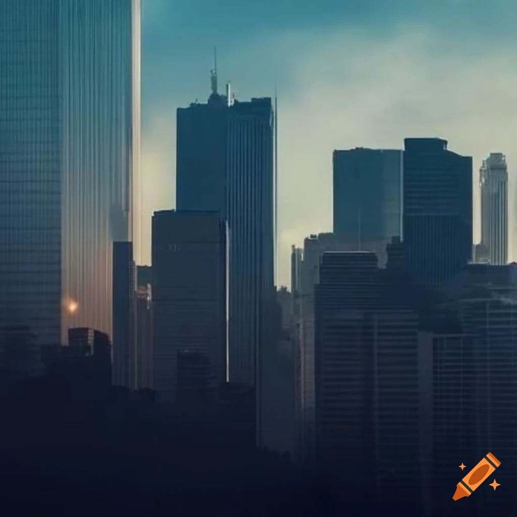 An urban area with high-rise buildings and streets affected by intense ...