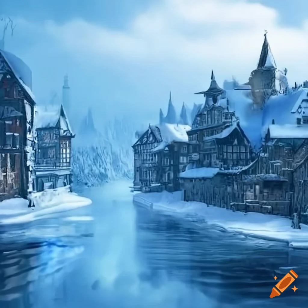 River through snowy medieval town made of ice, fantasy world on Craiyon