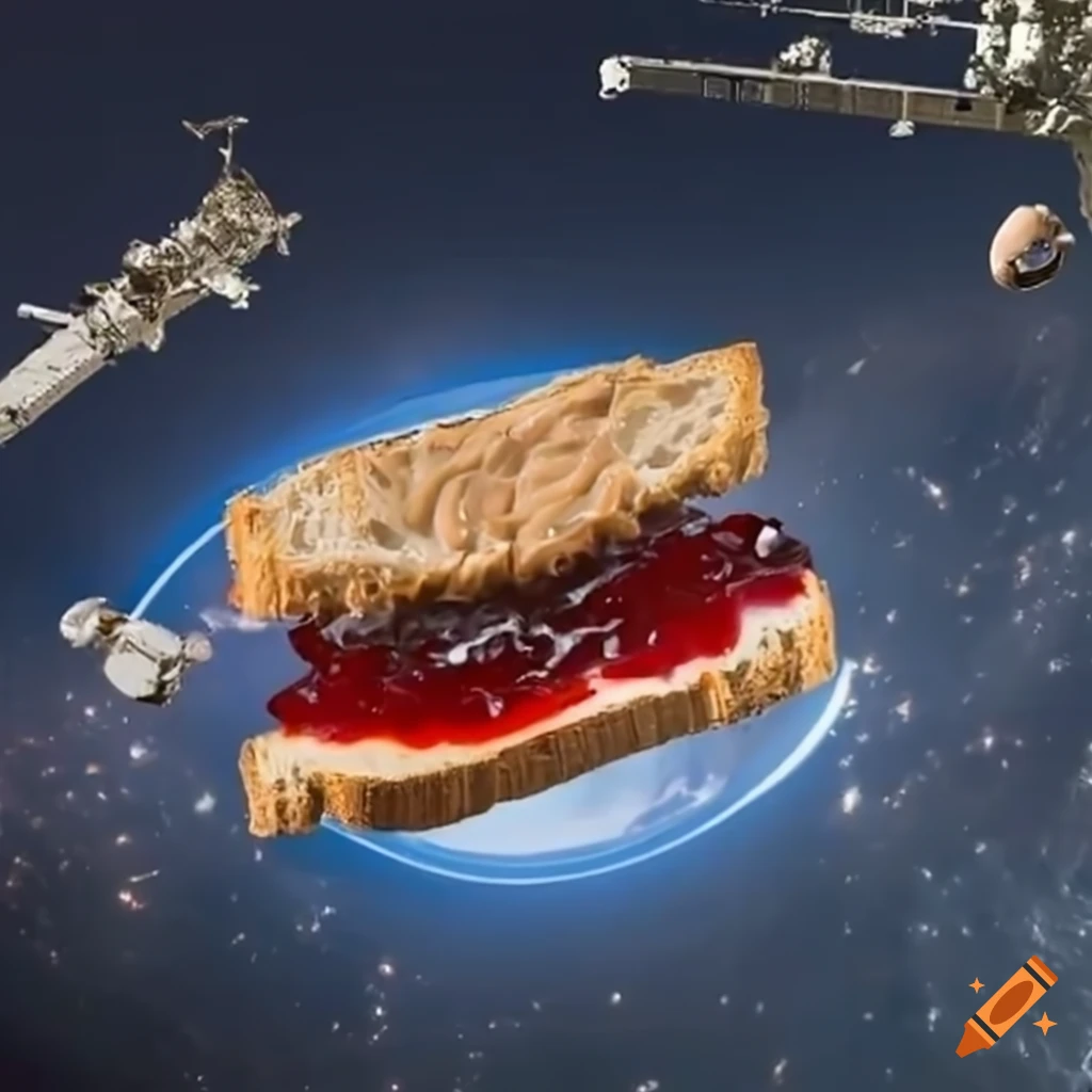 A peanut butter and jelly sandwich floating in a space station on Craiyon