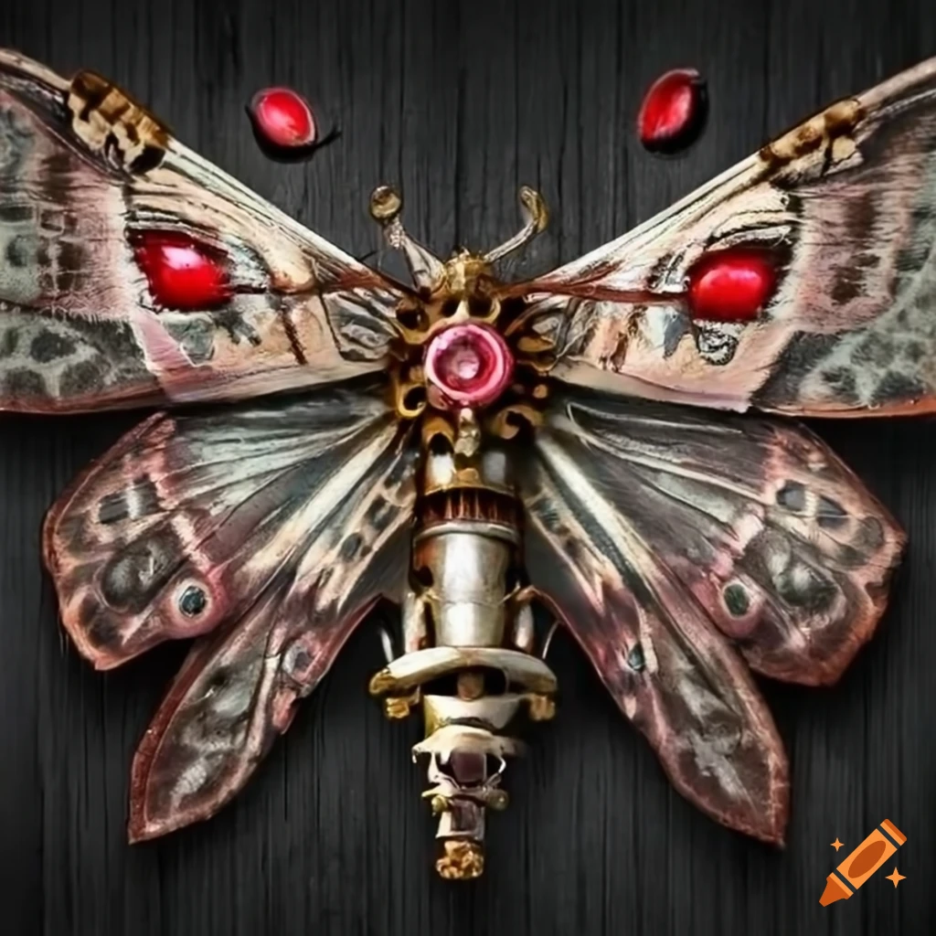 Steampunk mechanical silver moth with six wings and ruby red eyes on ...