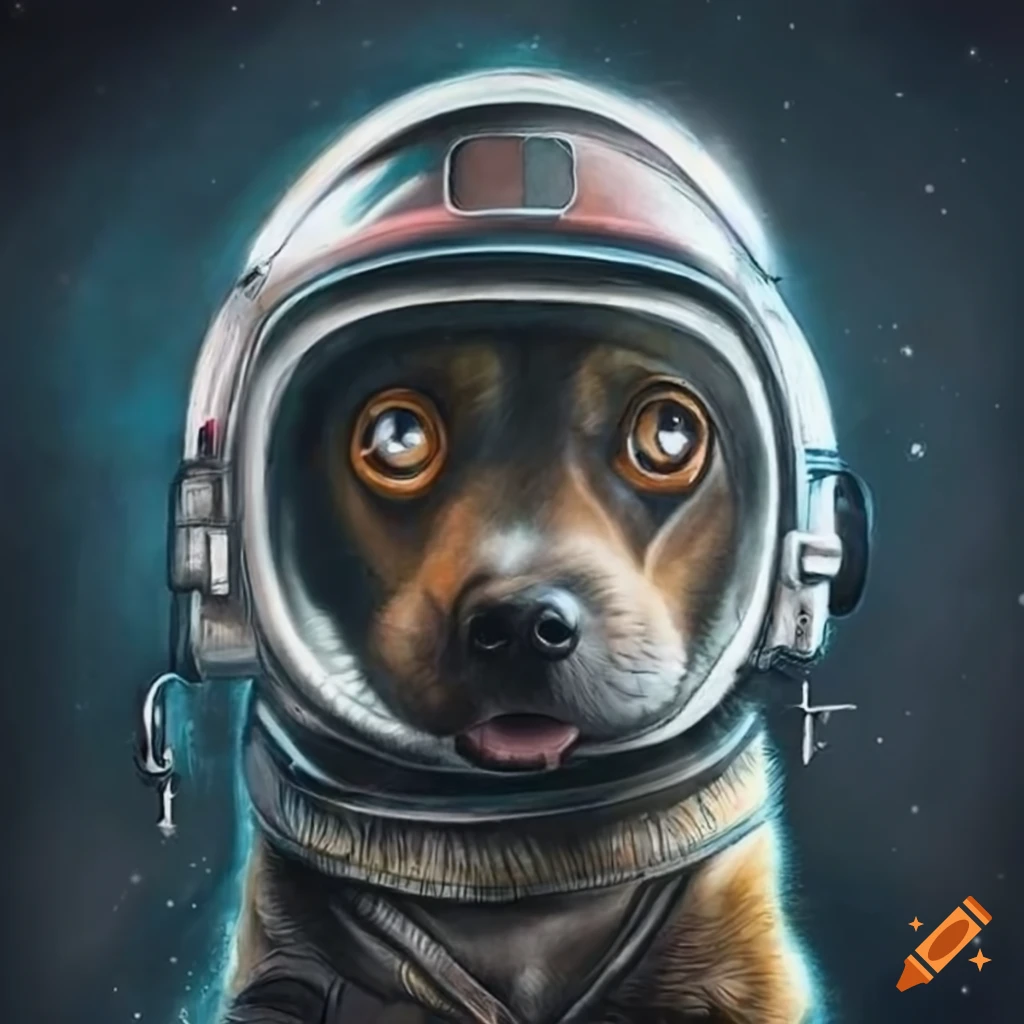 Hyper realistic drawing of a fearless space exploring puppy wearing an ...