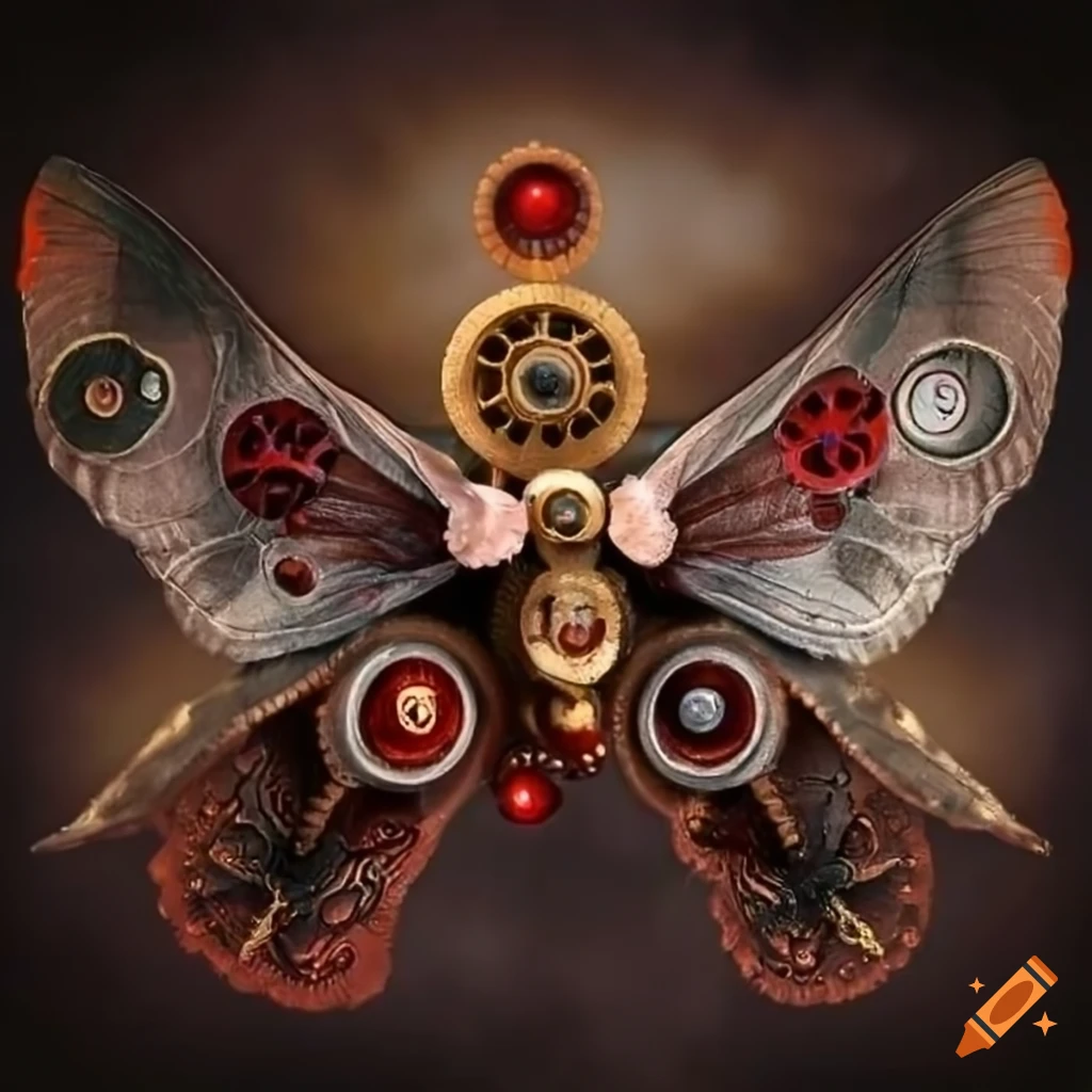 Steampunk mechanical moth with six wings and ruby red eyes