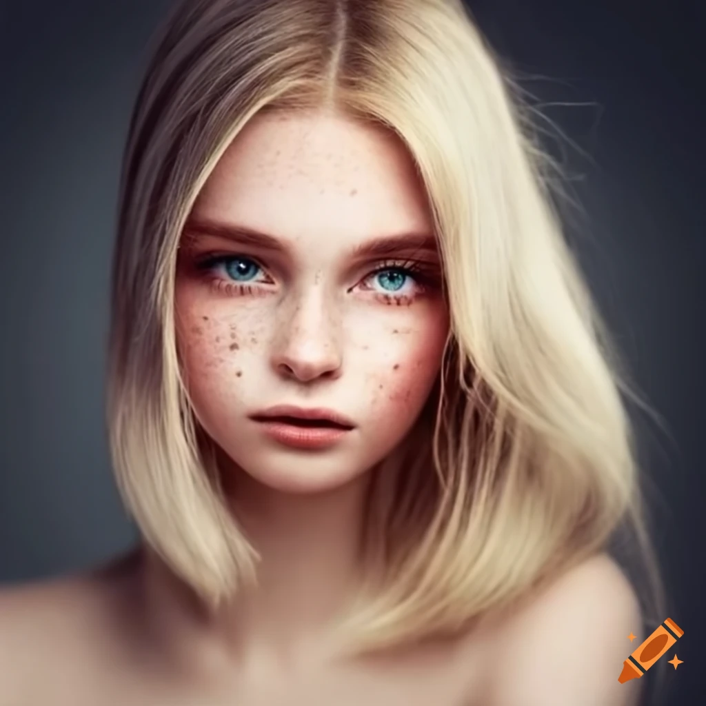 Beautiful Young Woman Shoulder Length Blonde Dhair Very Light Freckles