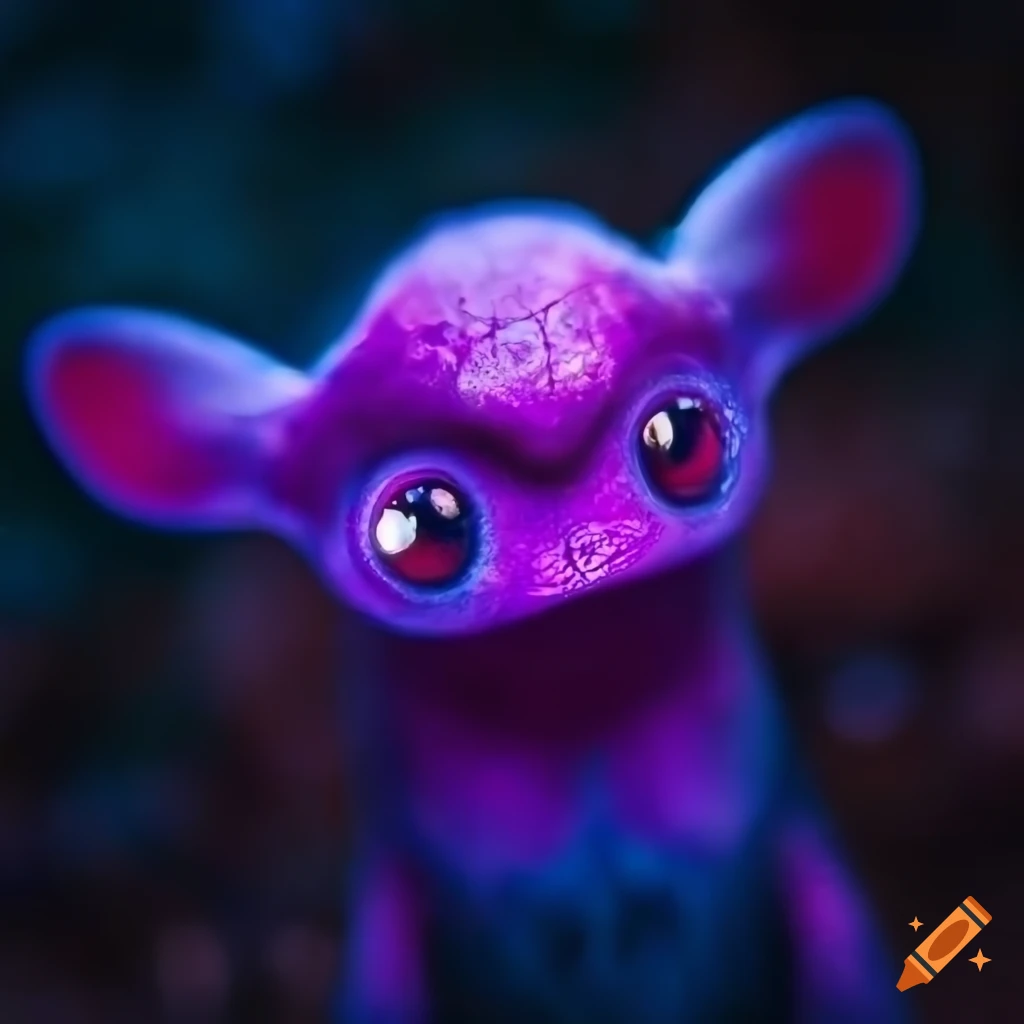 Cute monster,close up,jungle,purple,lights,fantasy art