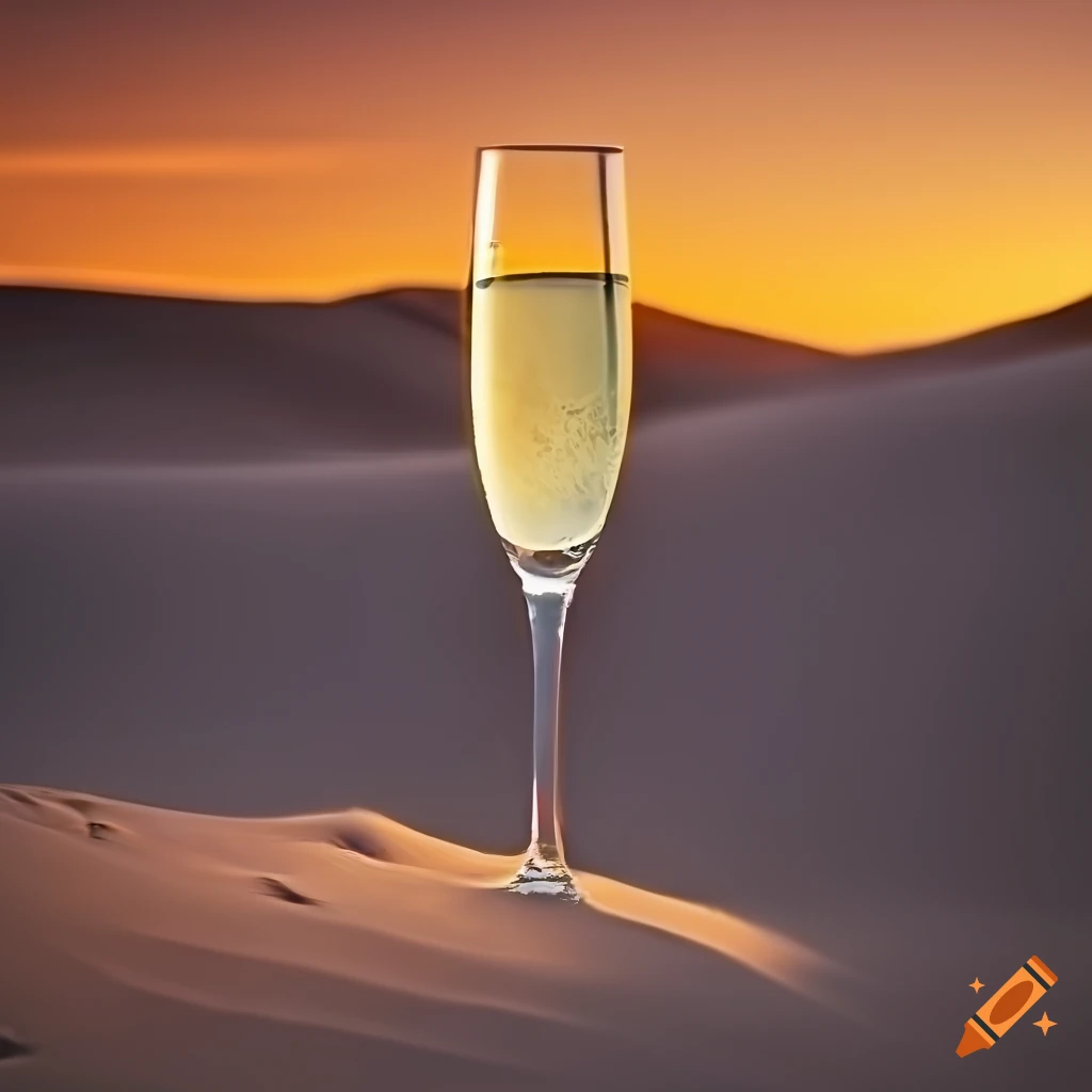 Professional photograph of a thin Champagne flute in the sand, immense ...