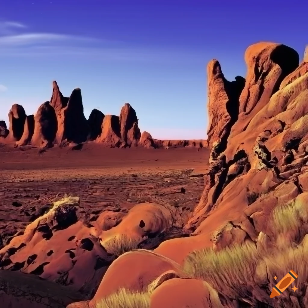 Rugged extraterrestrial landscape with rock formations and small ...