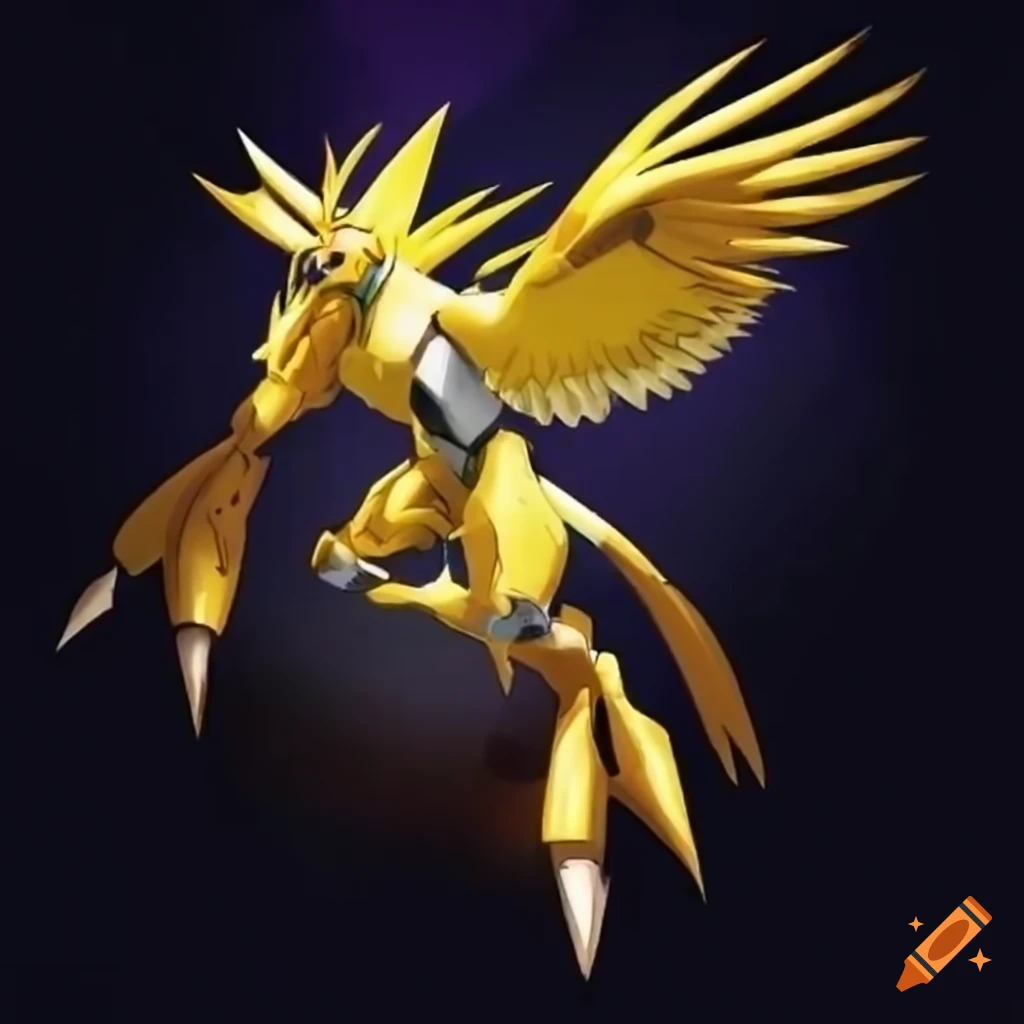 New bird cyborg digimon, yellow mechanical wings, official artwork ...