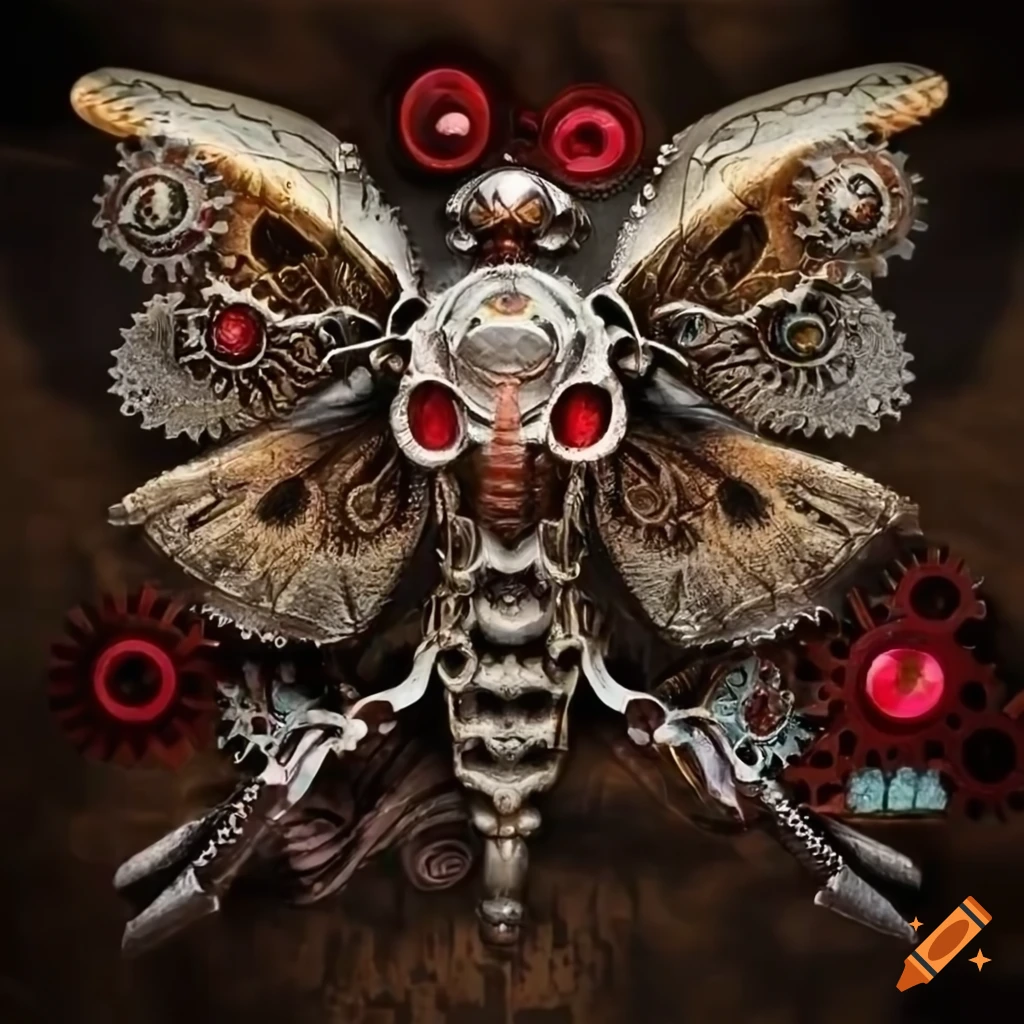 Steampunk silver moth with gears and ruby red eyes and six mechanical wings