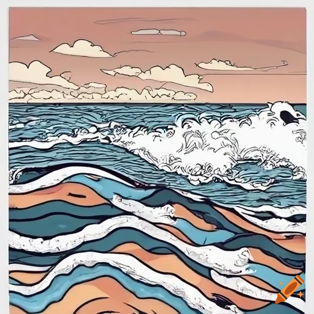 Vibrant waves crash against a sandy coast, Maba Studio's signature style on Craiyon