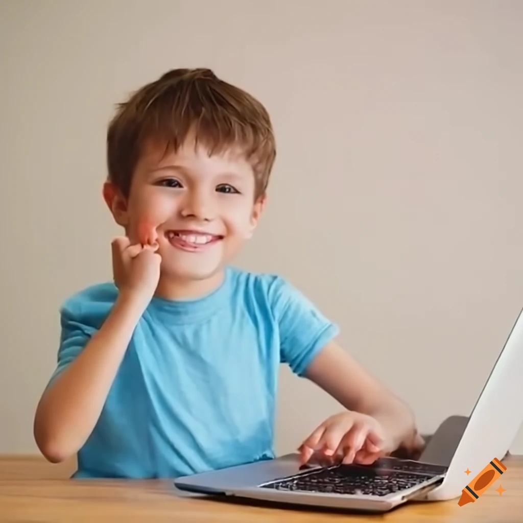 Kid with short hair looking at laptop smiling with his hands in the air ...