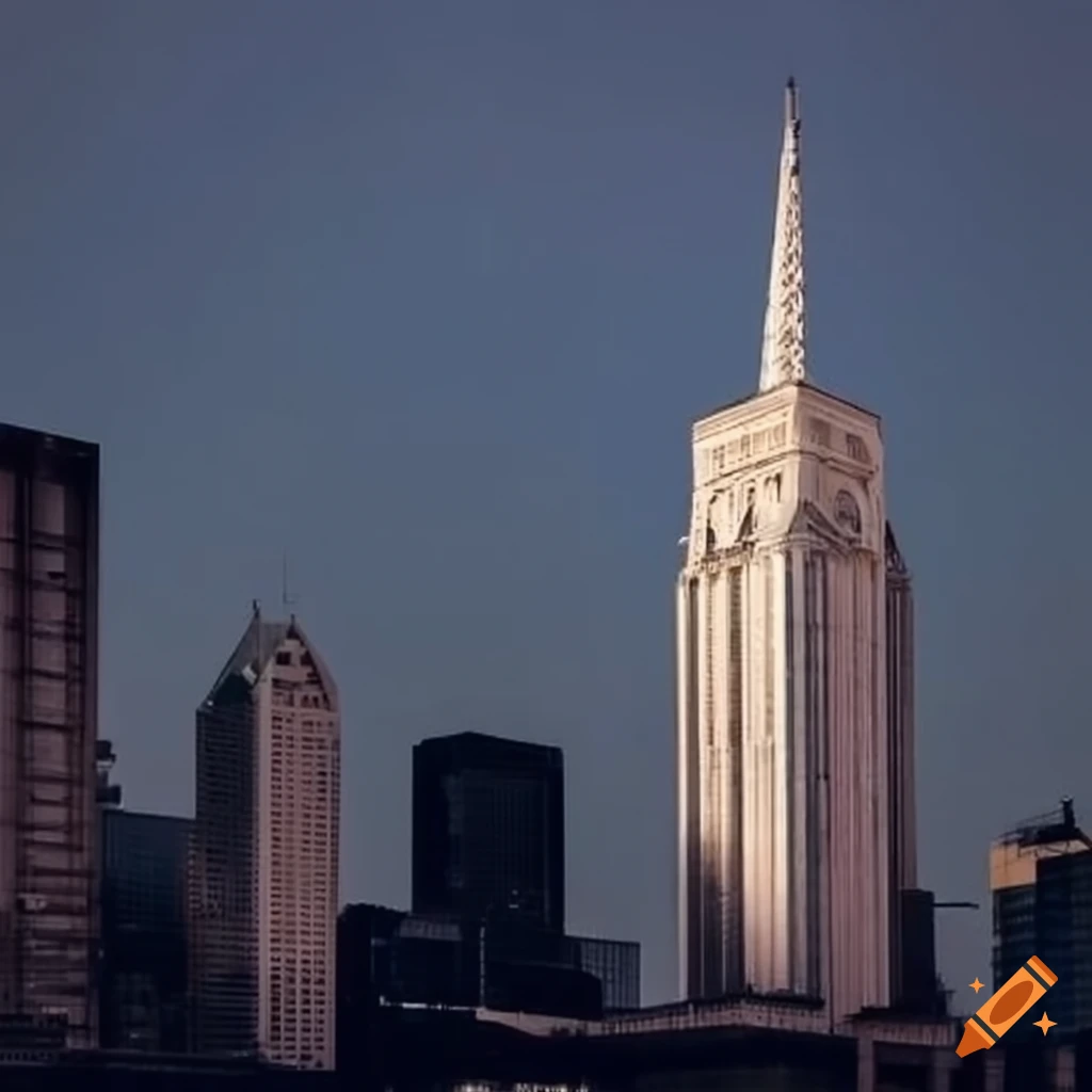 Extremely high tower in a background of a cityscape