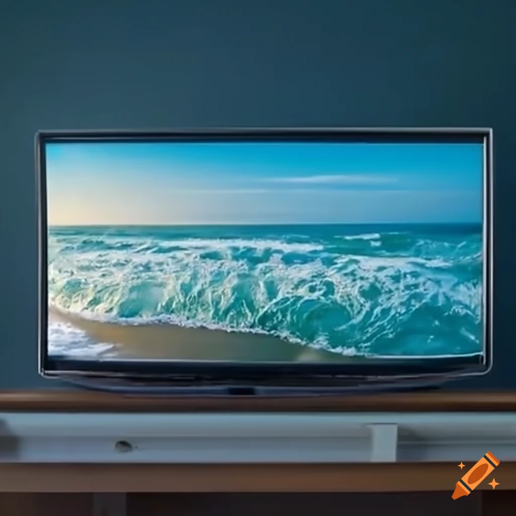 A tv displaying ocean waves next to the ocean