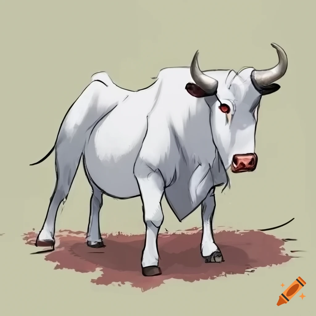 A beautiful white bull, simple comic, without a background, picture ...