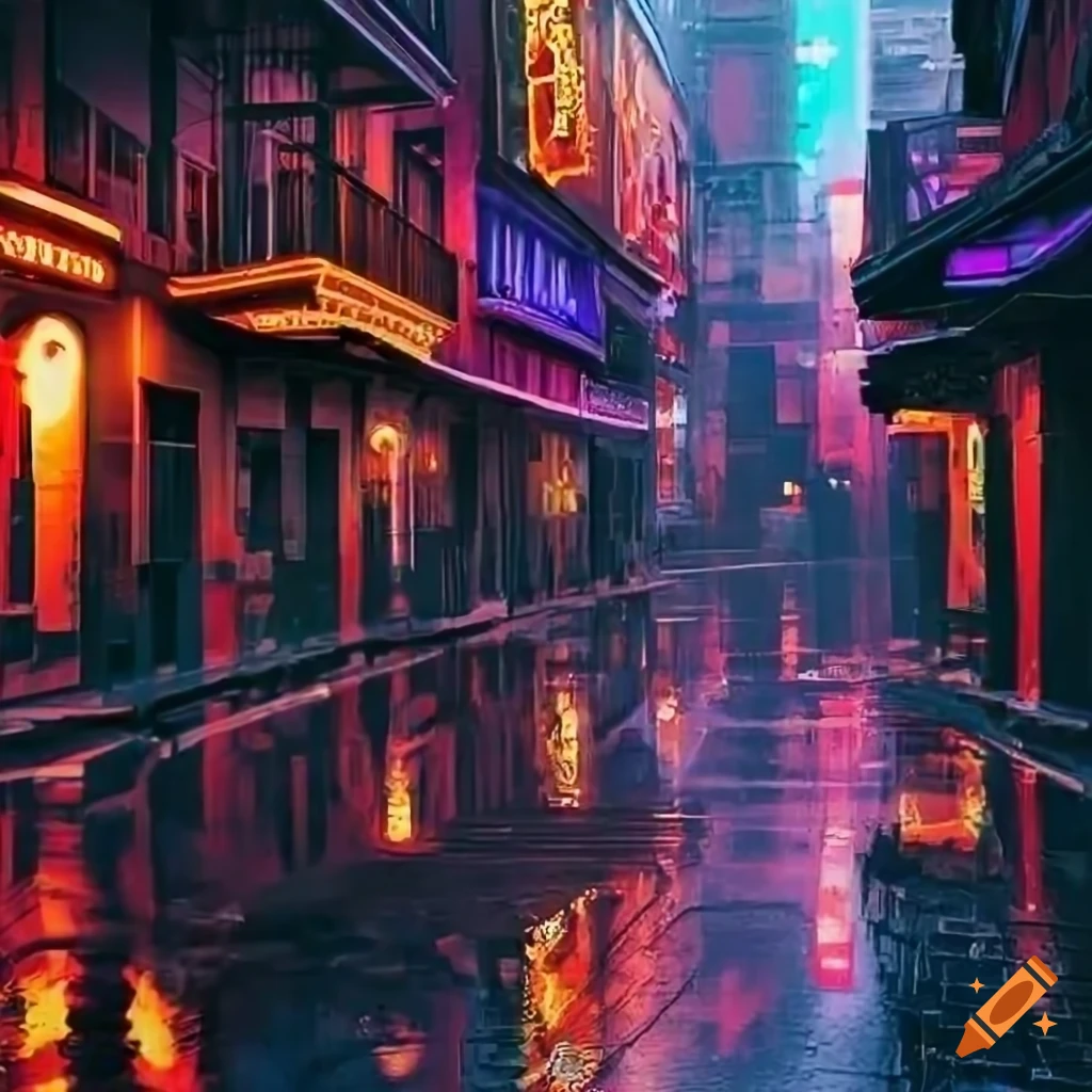 A dystopian, cyberpunk, futuristic merged with French Quarter style ...
