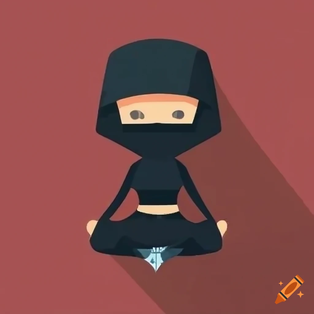 Frontal portrait of a female ninja sitting over a loptop, focus ...