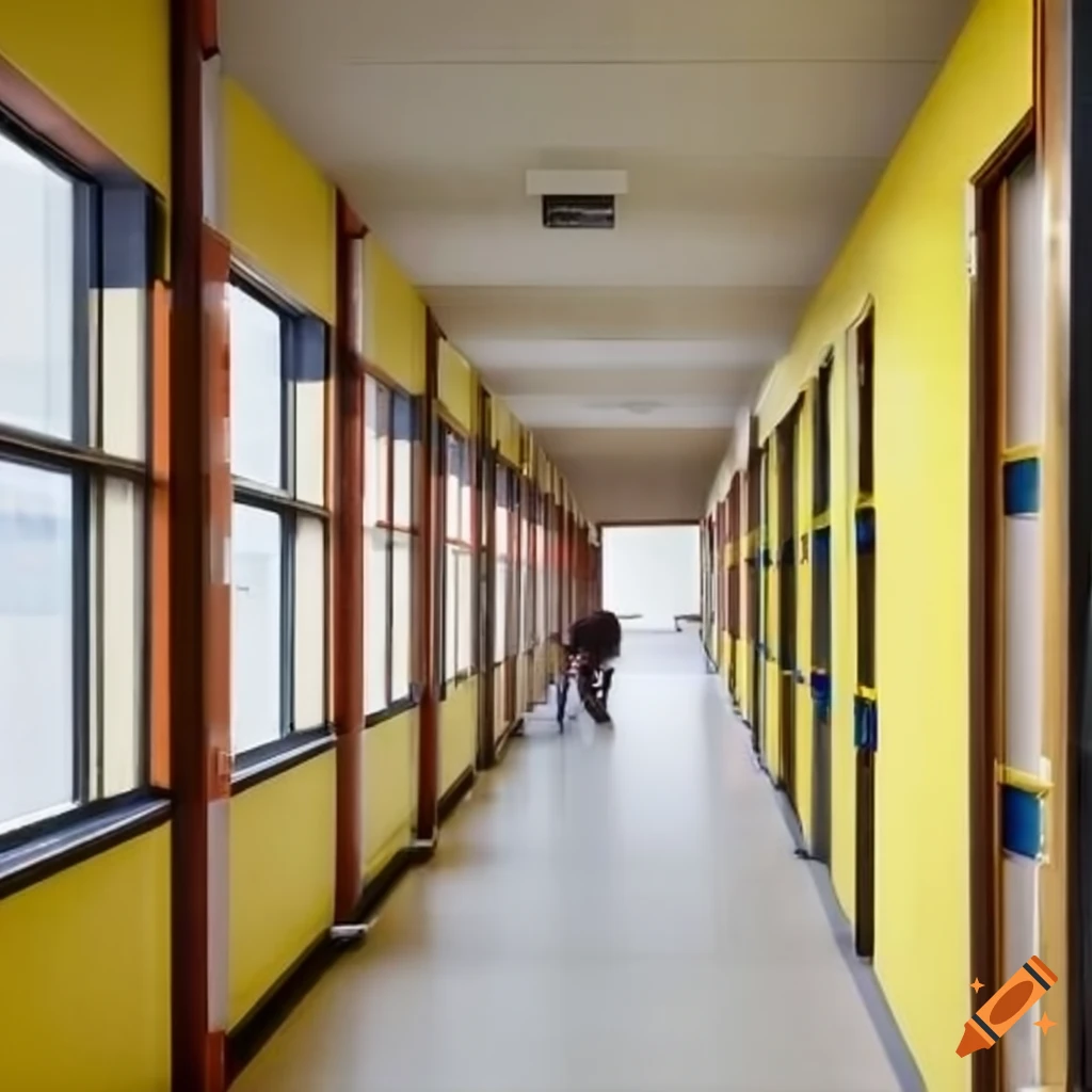 A school corridor with 6 classrooms on the right and a hall in the ...