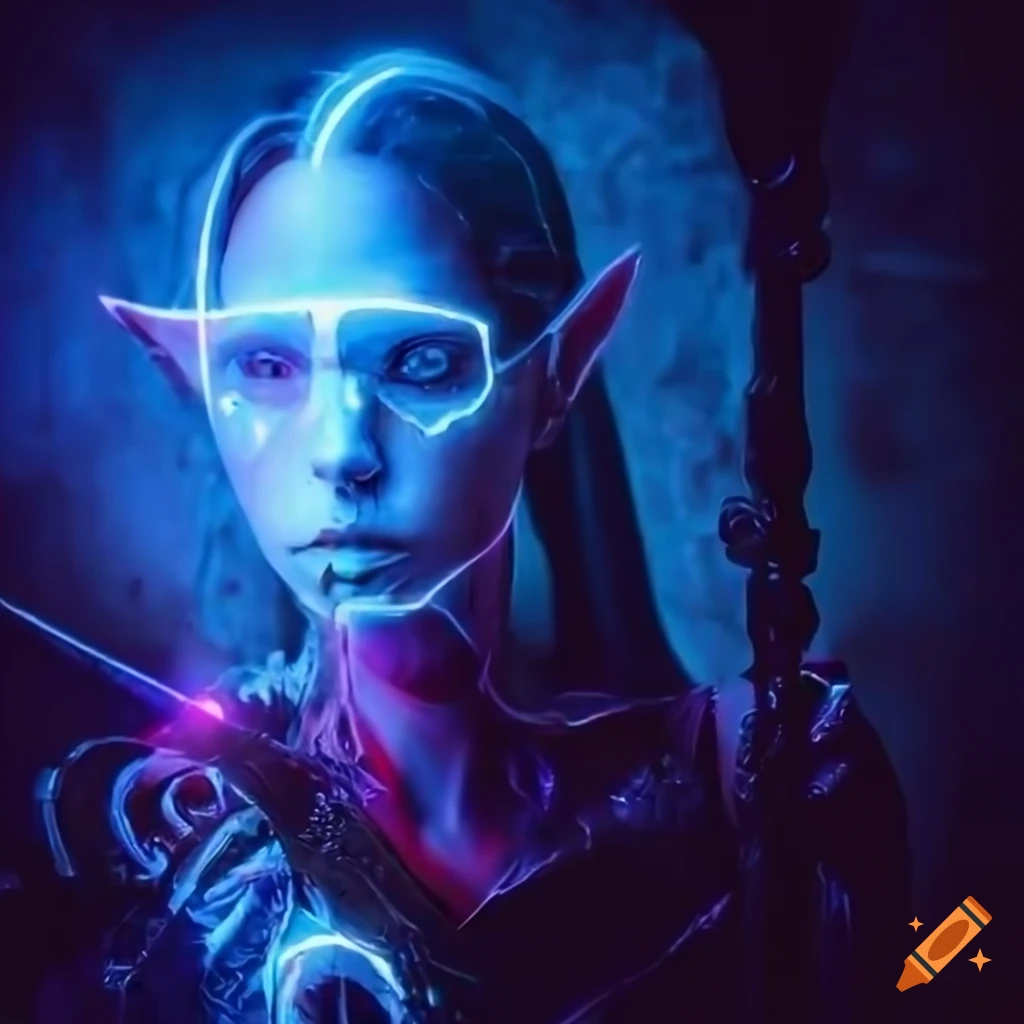 Cyborg-Elf Wizard, long-ears, detailed glowing cybernetics, holding ...