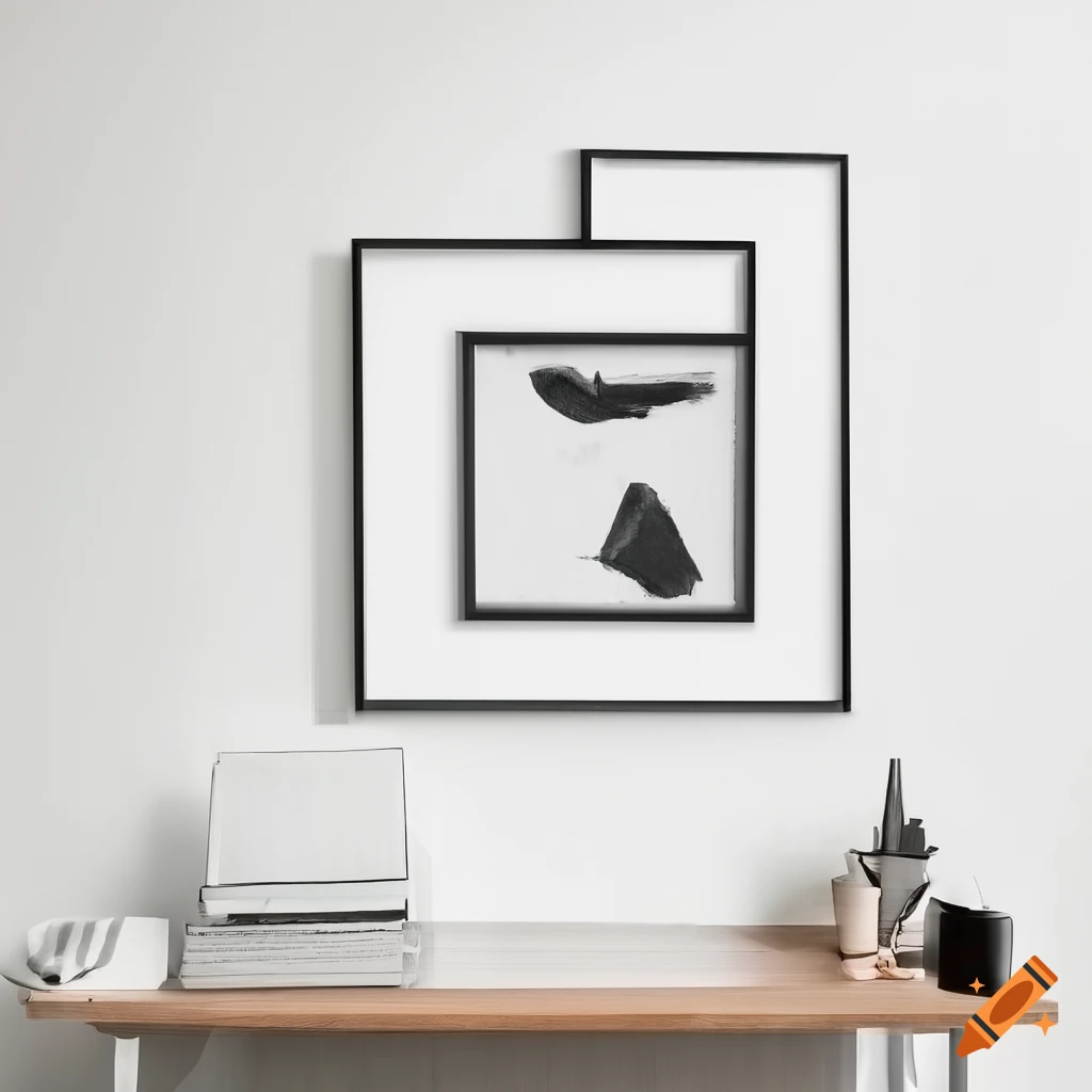 A minimalist workspace with an A4 picture frame leaning against a white ...
