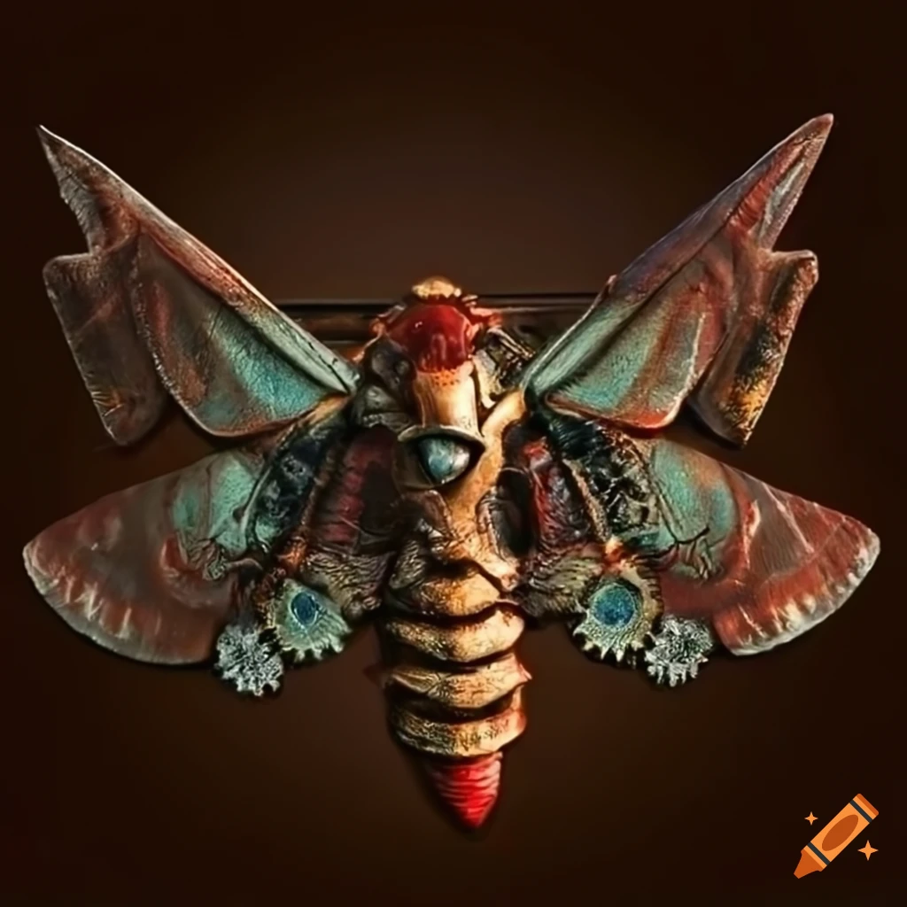Steampunk metallic moth with six wings and bright red eyes
