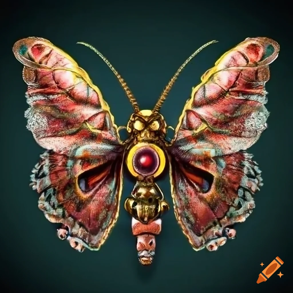 Steampunk metallic moth with six wings and bright red eyes on Craiyon