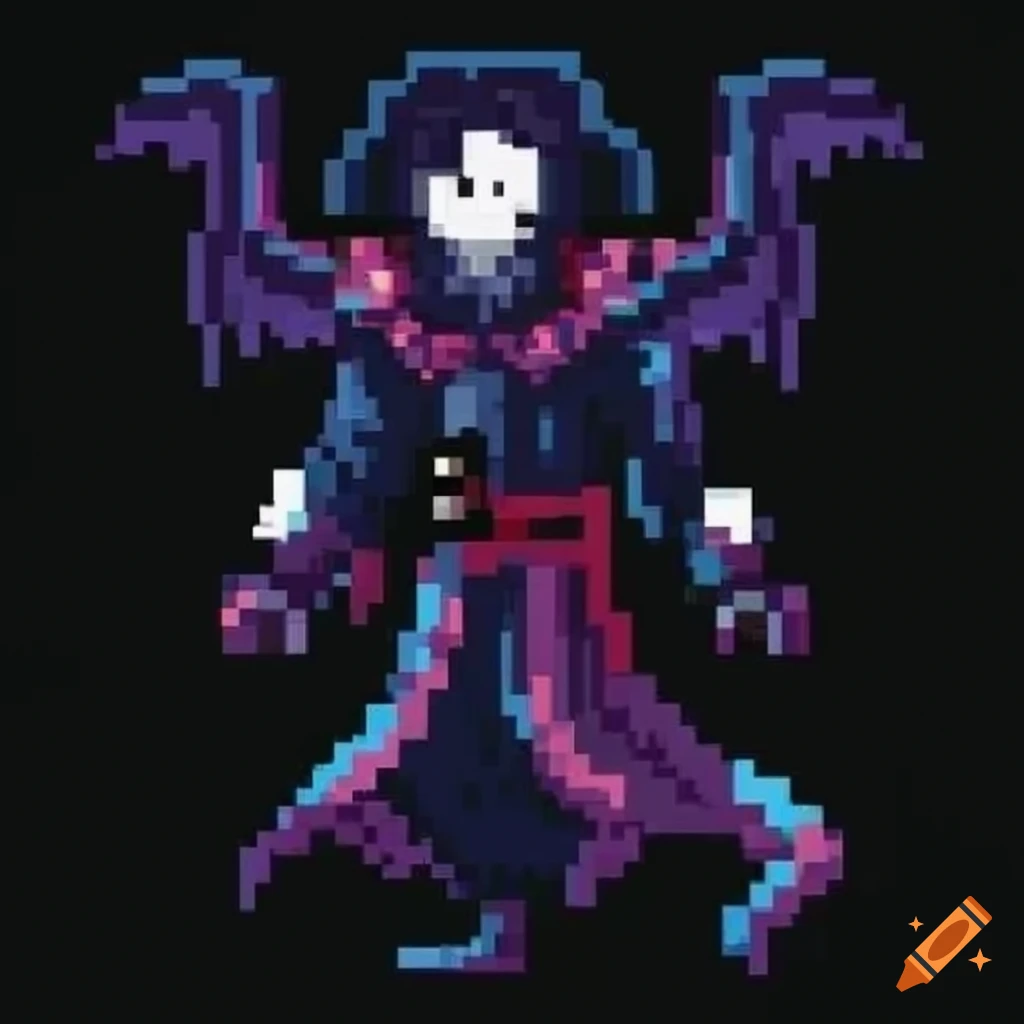 2d pixelated male demon main character with a white mask on its face ...