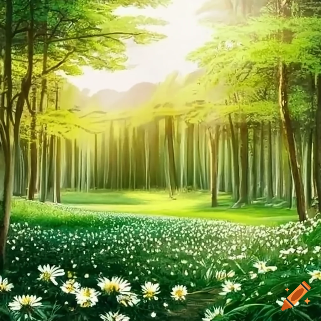 Forest clearing, lots of trees, details, dense, flowers field