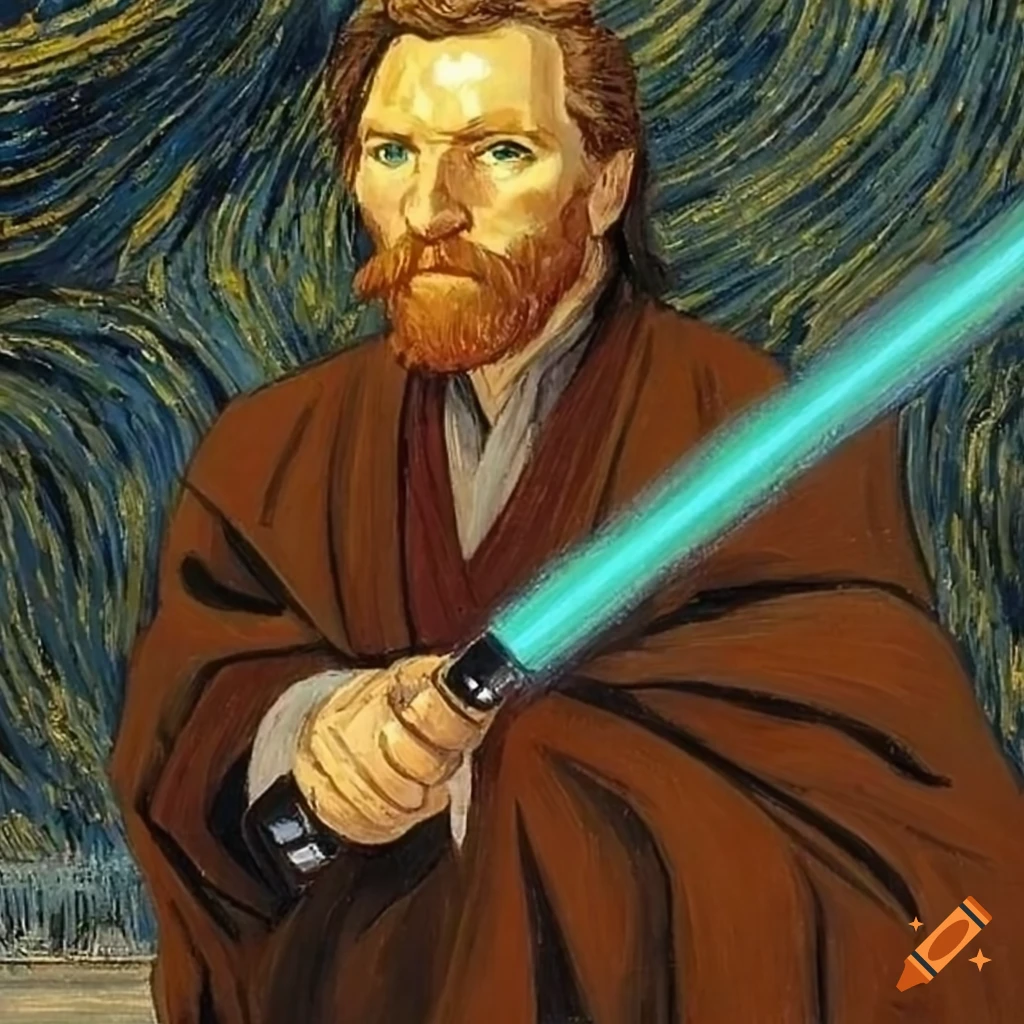 Obi-wan kenobi with a lightsaber, by van gogh