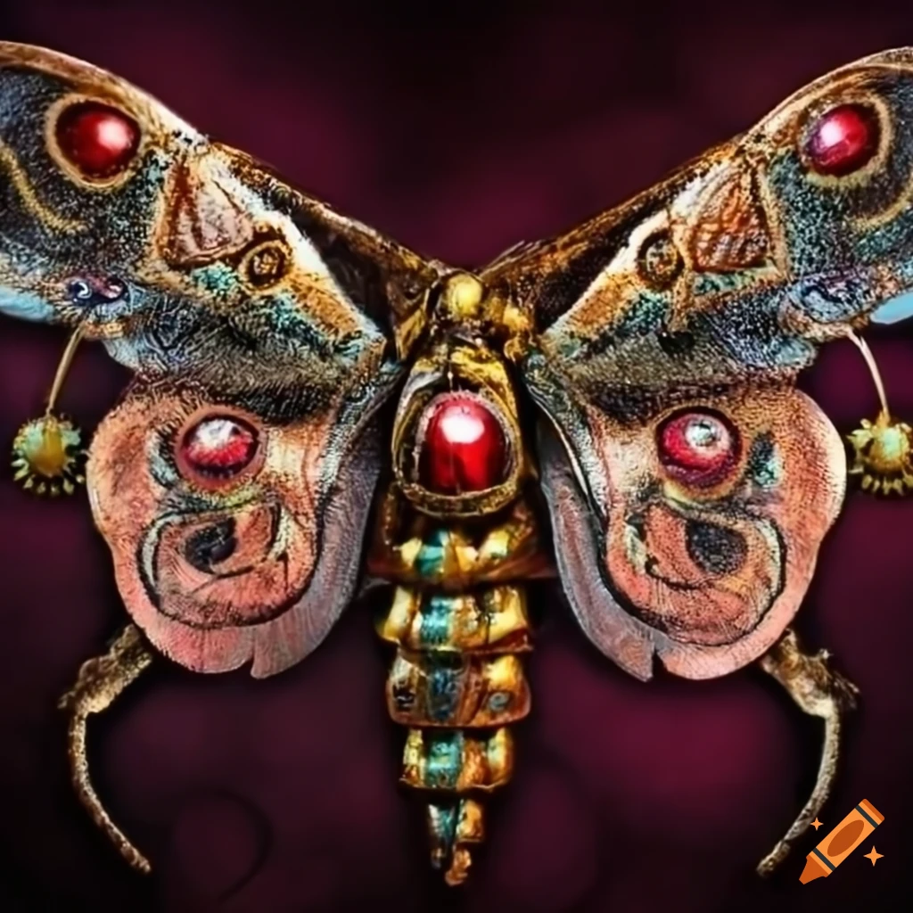 Steampunk metallic moth with six wings and bright red eyes on Craiyon