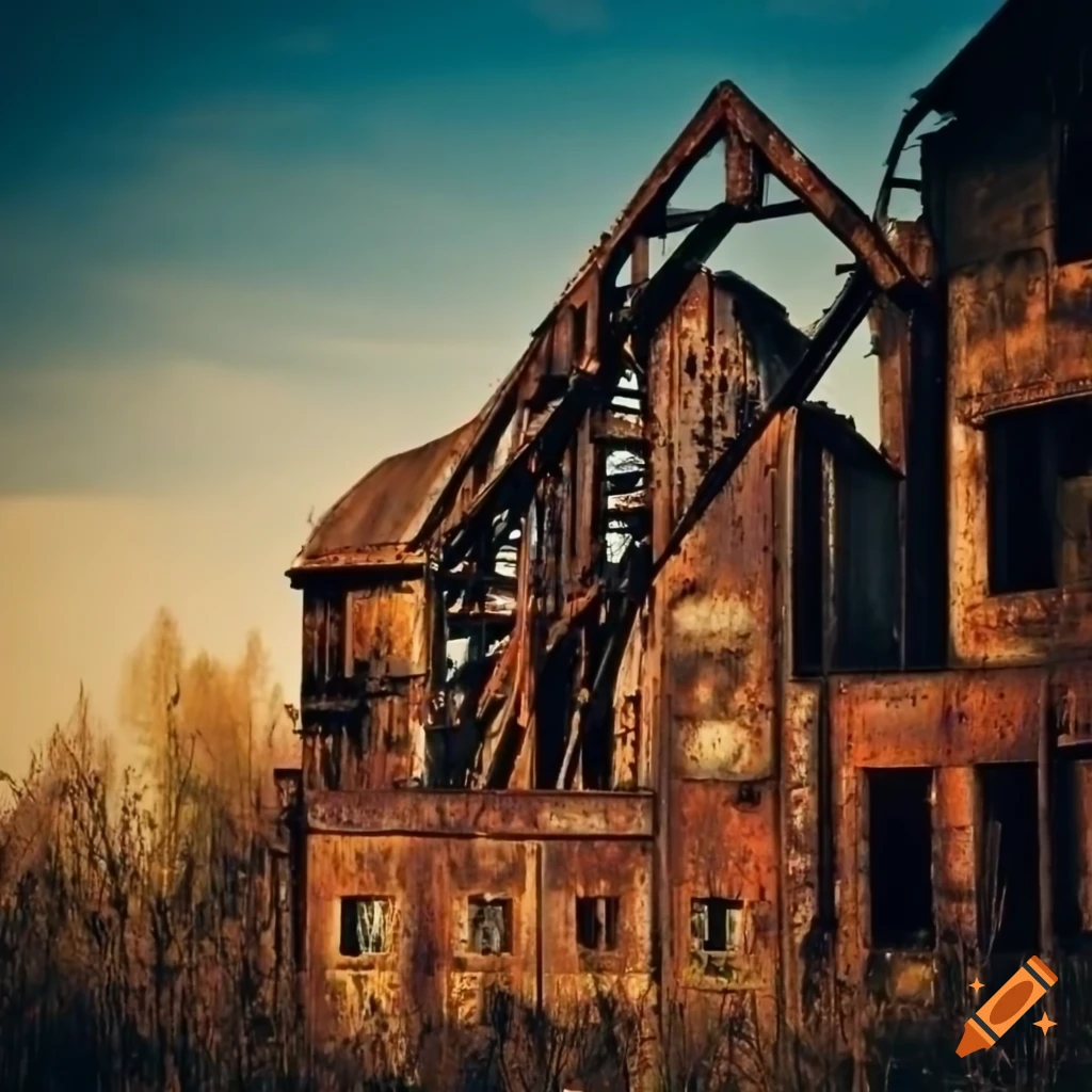 Rusty factory structures (not buildings) in forest sunny weather, full ...