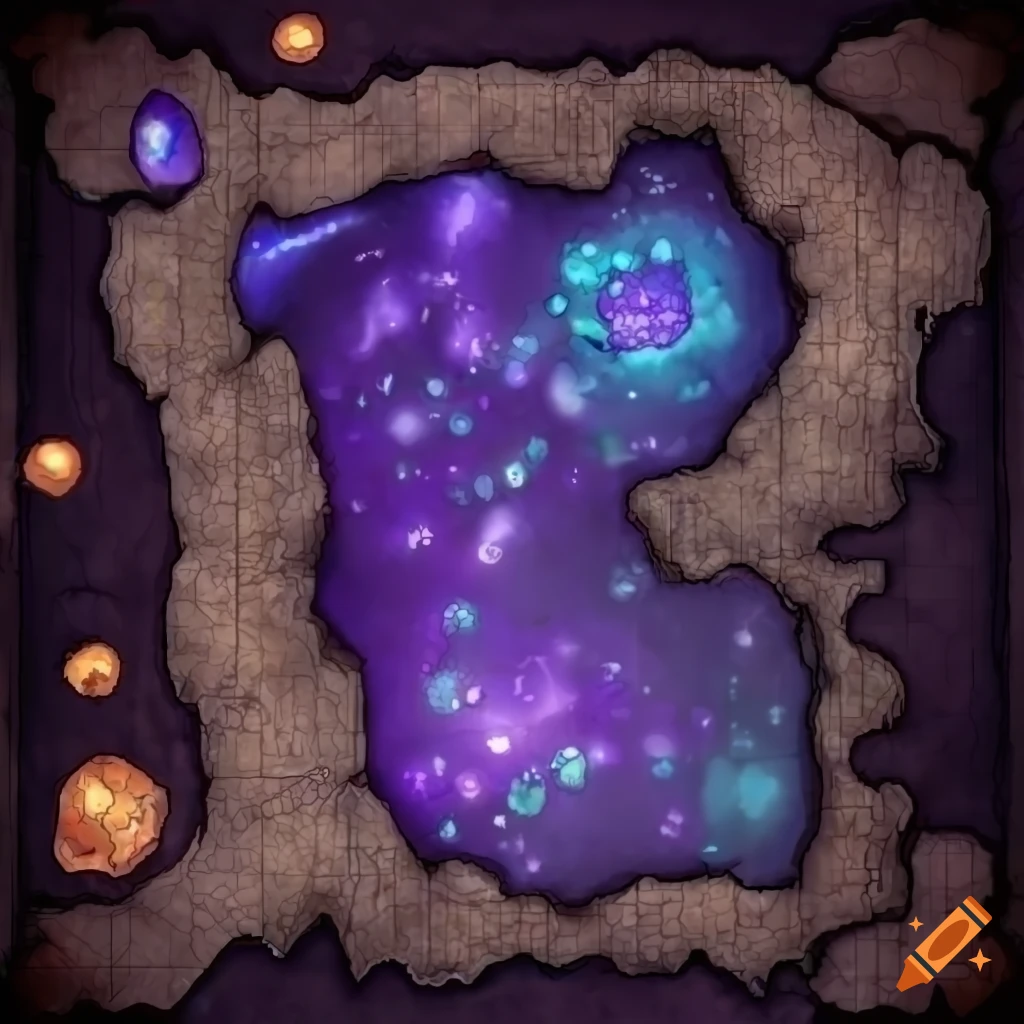 Gridless top down d&d map of a cave with glowing mushrooms, purple gems ...